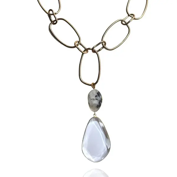 RARE MATTERS JEWELRY Grey / White / Gold Lux Statet Moonstone Double Drop Pendant Necklace - Grey/white/gold