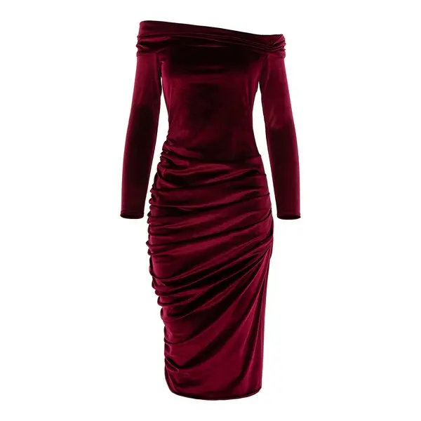 CONCEPT A TROIS Midi Bodycon Elastic Dress With Bare Shoulders Bordeaux Velvet - Red
