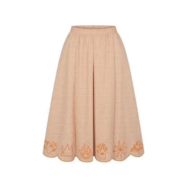 KING NAKED Plaid Midi Skirt With Embroidered Scalloped Hem