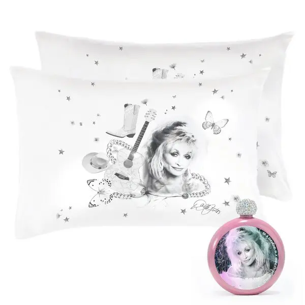 BLACK CAKE Country Western Glamour Dolly Satin Pillowcase Set & Limited Edition Festival Tribute Glitter Retro Spirit Flask - Pink