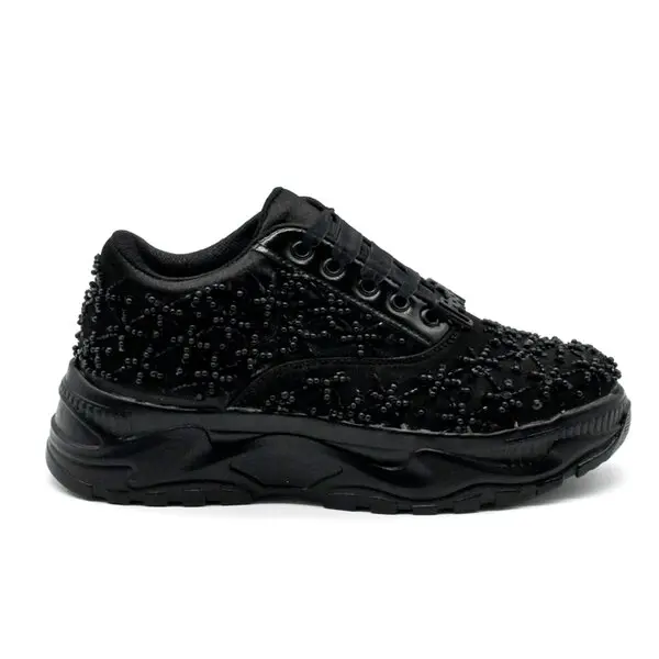 RETTROSE Harper Luxury Satin Handmade Embellished Trainers - Black
