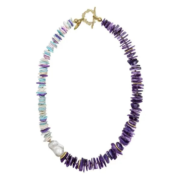 FARRA Vibrant Charoite And Colorful Shell With Baroque Pearl Necklace - Purple