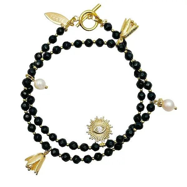 FARRA Obsidian With Evil Eye Charms Double Layers Bracelet Or Choker - Black