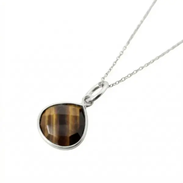 HARFI Silver / Brown Sterling Silver Tiger's Eye Protection Crystal Necklace - Silver/brown