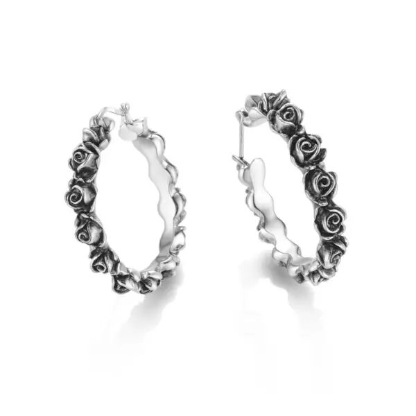 UNALOE Sterling Rose Hoop Earrings – Floral Statet Hoops – Handmade Italian Jewelry - Silver