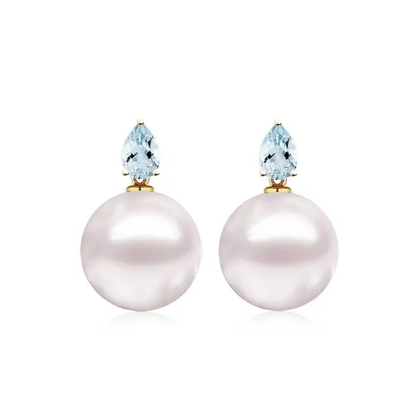 KAI FINE JEWELRY Blue / Gold / White Solid Gold Natural Aquamarine & Freshwater Round Pearl Venus Tears Convertible Drop Earrings - Blue/gold/white