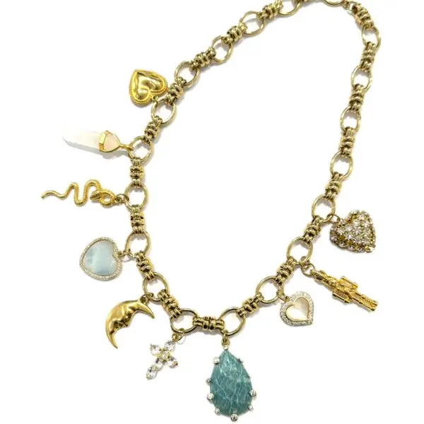 ACHALA HANDCRAFTED Neutrals / Light Blue Charm Necklace With Semiprecious Stones & Charms - Gold