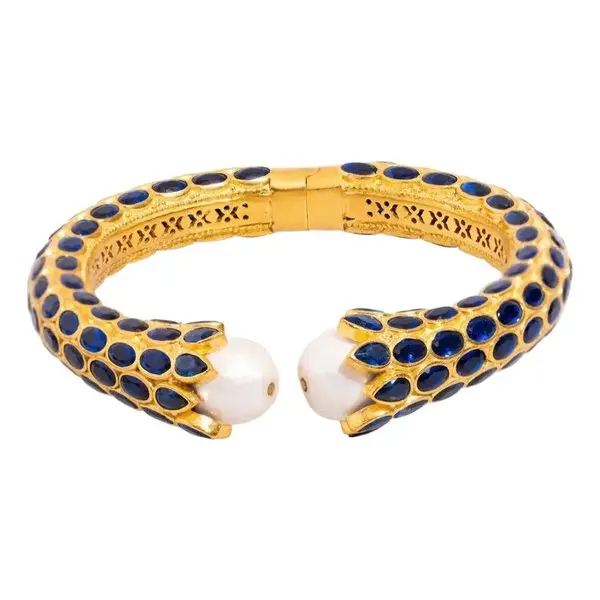 EBRU JEWELRY Blue / White / Gold Cleopatra Sapphire & Pearl Gold Chunky Cuff Bracelet Gold - Blue/white/gold