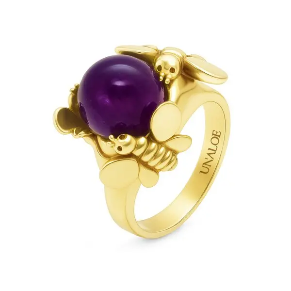 UNALOE Plated Natural Amethyst Statet Ring – Purple Gemstone Luxury Ring Handmade Artisan Jewelry - Gold