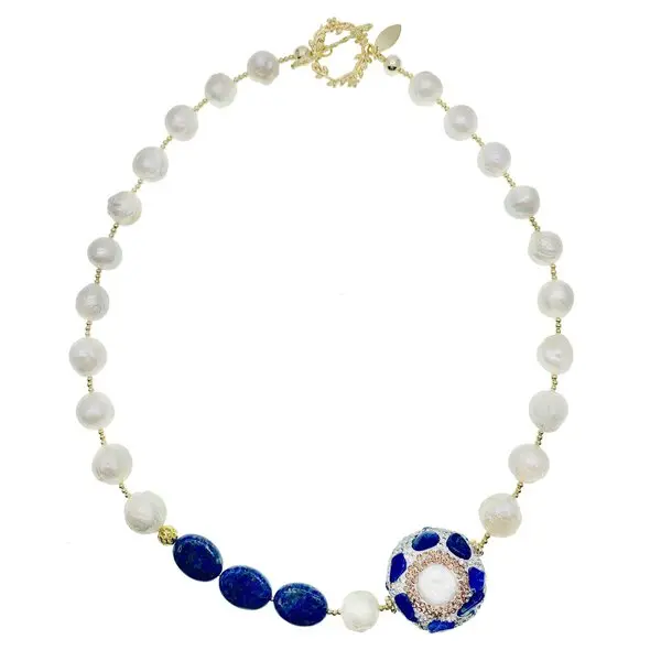 FARRA Blue / White Irregular Pearls With Lapis Rhinestone Short Necklace - Blue/white