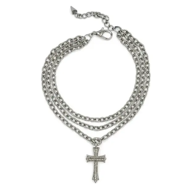 JAGGED HALO JEWELRY Triple Chain Cross Pendant Necklace - Silver
