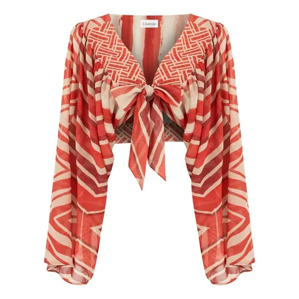 LILAMIE Aruba Front Tie Long Sleeve Summer Top - Red