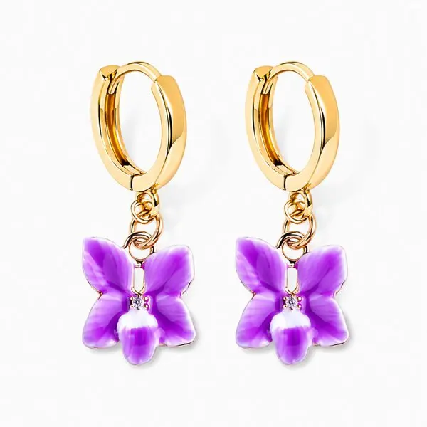 MY LITTLE NATURE Orchid Hoop Earrings Gold Plated Orchid Earrings - Purple