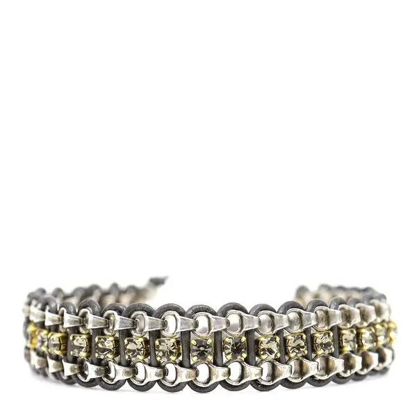 Shar Oke Antique Chain, Black Diamond Crystals & Leather Bracelet - Silver