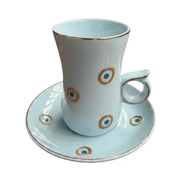 CASA DUNIYA Light Layan Hand-painted Evil Eye Teacups Set Of Six - Blue