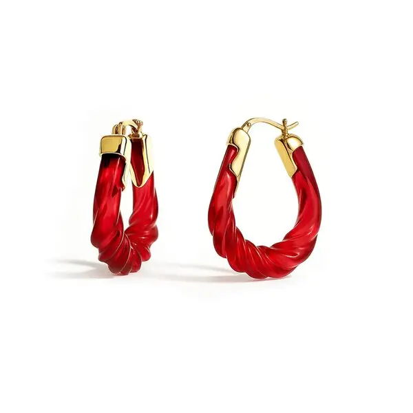 GOLD & HONEY Gold / Red Ruby Rope Twist Oval Lucite Birthstone Hoop Earrings - Gold/red