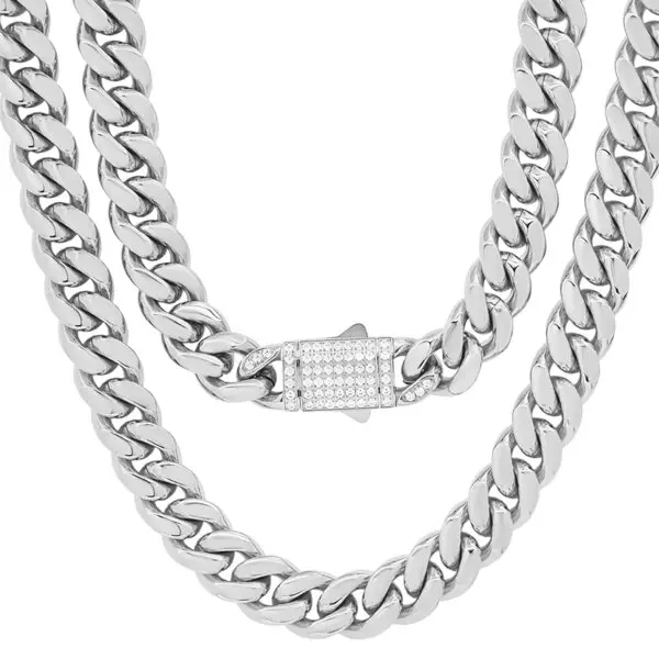 STEELTIME Stainless Steel 10mm Miami Cuban Necklace Chain With Cz Monaco Clasp 24 Inch - Silver