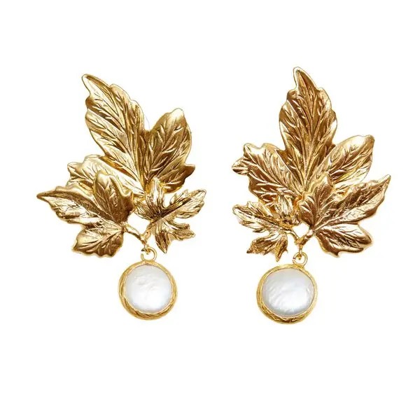 LES REINES En Leaf With Pearl Statet Earrings 24k Plated - Gold