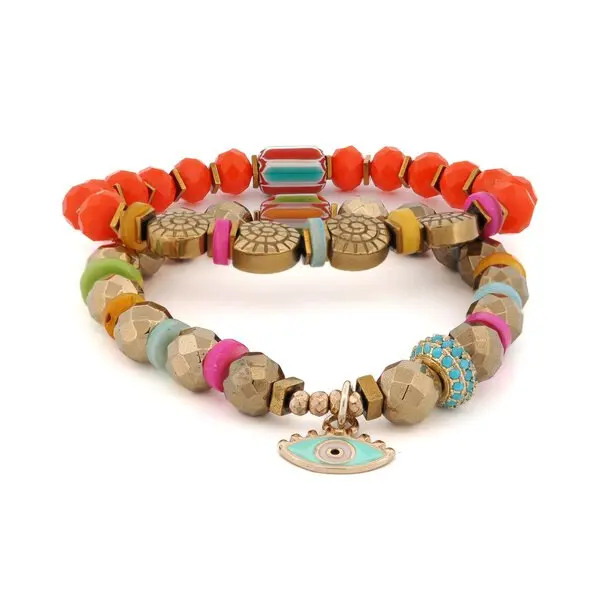 EBRU JEWELRY Yellow / Blue Sunset Breeze Evil Eye Beaded Bracelet Set Multicolour - Yellow/blue