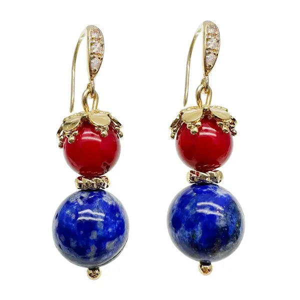 FARRA Blue / Red Lapis And Red Coral Dangle Earrings - Blue/red