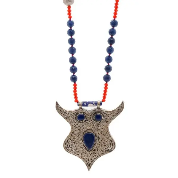 EBRU JEWELRY Silver / Blue / Orange Spirit Animal Silver & Lapis Lazuli Stone Owl Pendant Unique Beaded Necklace Blue - Silver/blue/orange