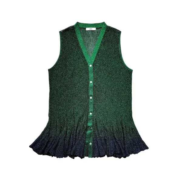 ARTO. Metallic Flying Knit Ribbed Sleeveless Button-up Vest - Green