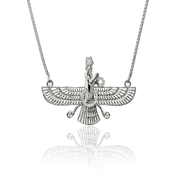 KAIZARIN Guardian Angel In 18 Carat White Gold & Diamonds Asho Faravahar Necklace - Silver