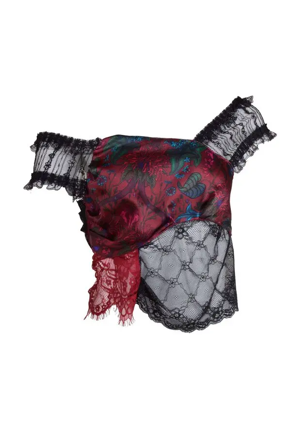 Natalia Petruch Black / Red Blossom Top In Botanical Print & Lace - Black/red