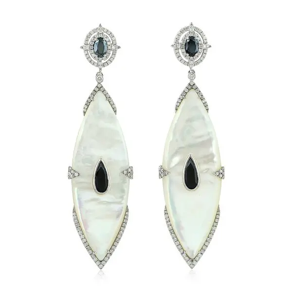 ARTISAN White / Black Mother Of Pearl, Black Spinel & Diamond Drop Earrings In 18k White Gold - White/black