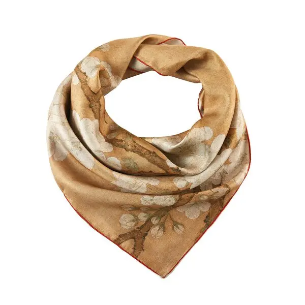SOFT STROKES SILK Pure Silk Scarf Painting Parrot And Insect Among Pear Blossoms - Brown