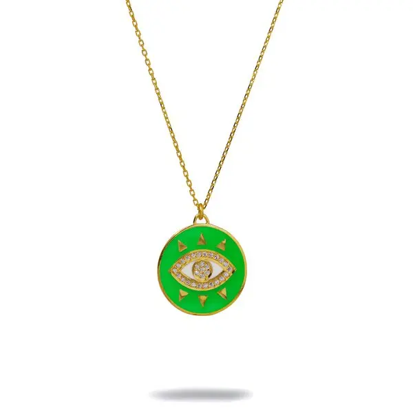 EBRU JEWELRY Cheerful Neon Evil Eye & Diamond Pendant Gold Chain Necklace - Green