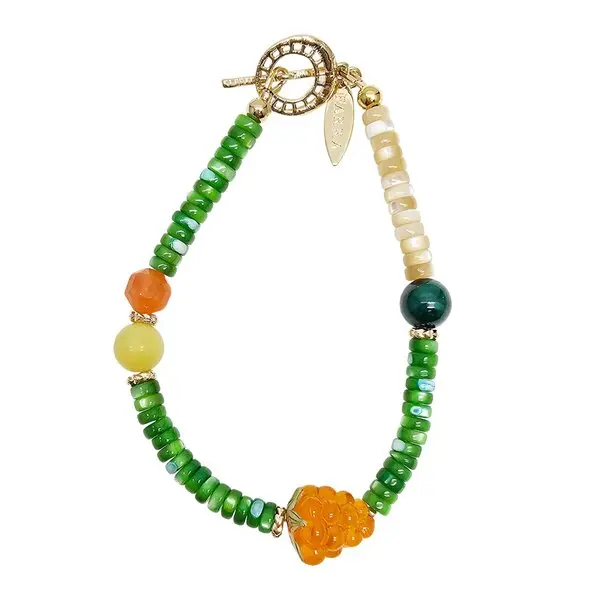FARRA Summer Garden Malachite & Agate Bracelet With Raspberry Charm - Beige/green/orange/yellow