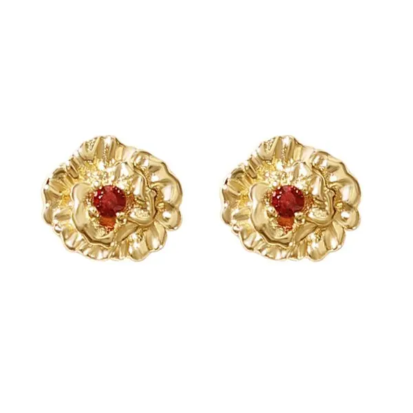 HARFI Red / Gold Garnet January Birthstone Carnation Birthflower Gold Plated Stud Earrings - Red/gold