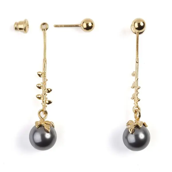 KASUN LONDON Drop Dark Grey Pearl Earrings - Gold