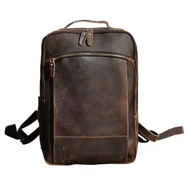 TOURI Minimalist Zip Open Leather Backpack - Brown