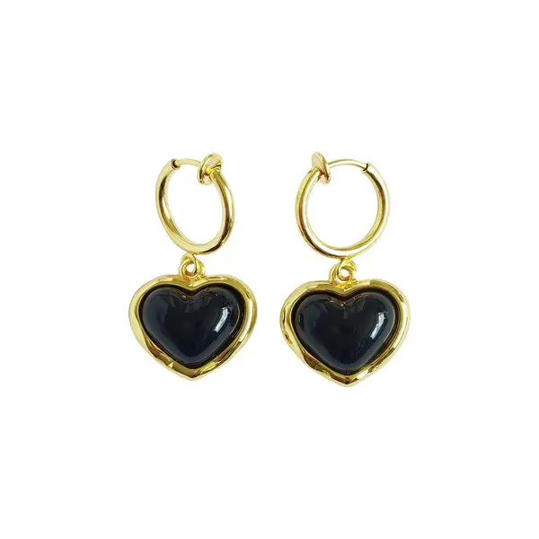 POPORCELAIN Black / Gold Porcelain Black Heart Clip-on Hoop Earrings - Black/gold