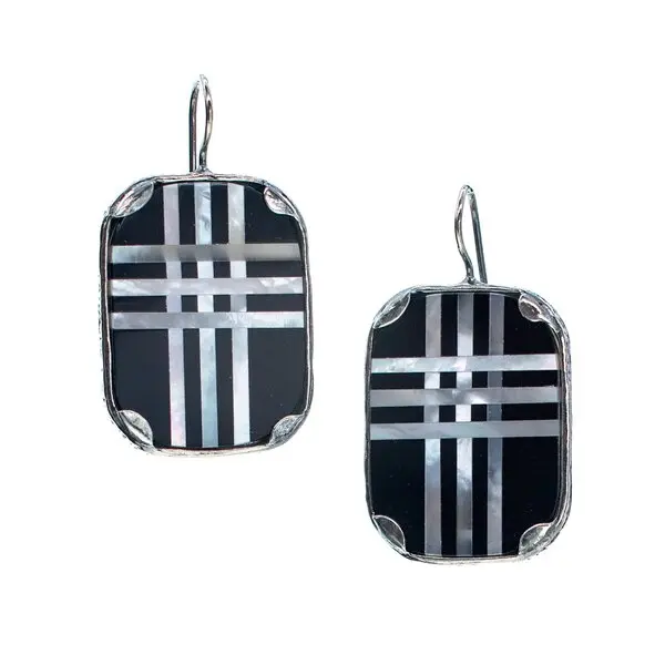 GEM KINGDOM Silver / Black Sterling Silver Black And White Plaid Onyx & Mother Of Pearl Earrings - Silver/black