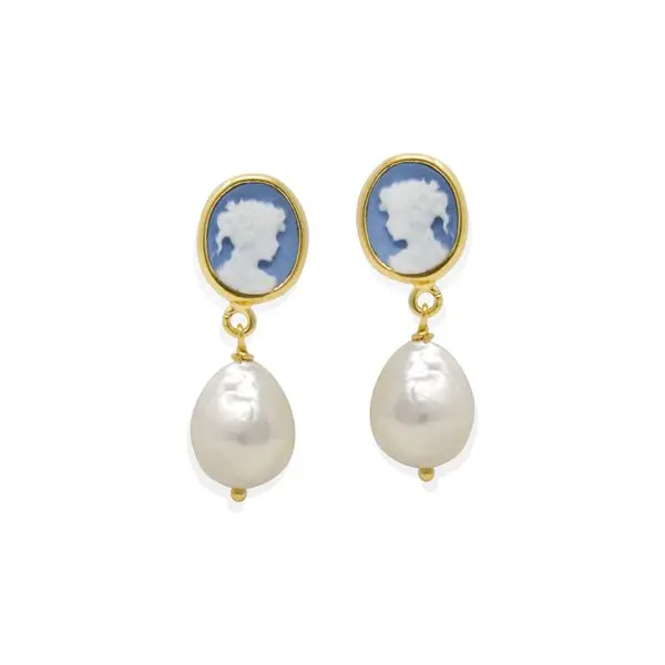 VINTOUCH ITALY Blue / Gold Sky Blue Mini Cameo & Pearl Drop Earrings - Blue/gold