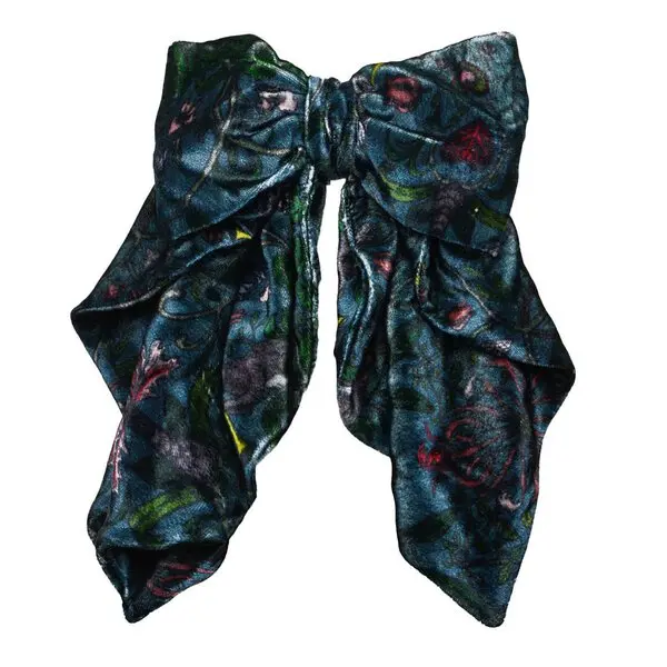 Natalia Petruch Eloise Hair Clip Silk Velvet Bow In Mystic Rabbit Print - Blue
