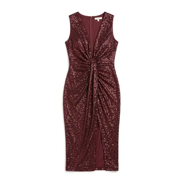 LATELIER LONDON Burgundy Plunge Sequin Bodycon Midi Dress - Red