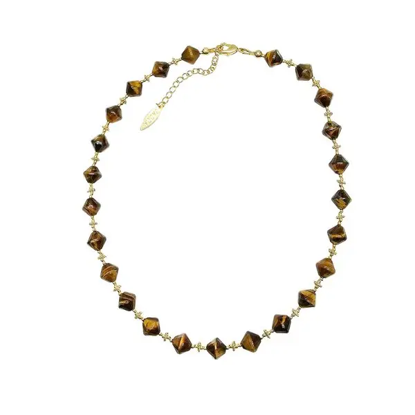 FARRA Tiger Eye Stone Minimalist Choker Necklace - Brown