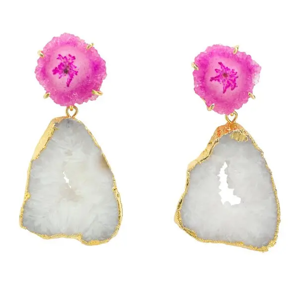 YAA YAA LONDON White / Pink 'summer Love' Pink White Crystal Gemstone Gold Earrings - White/pink