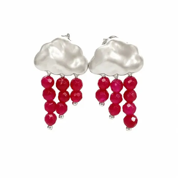 Way To Chic Pink / Silver Cloud Stud Earrings With Pink Agate Beads - Pink/silver