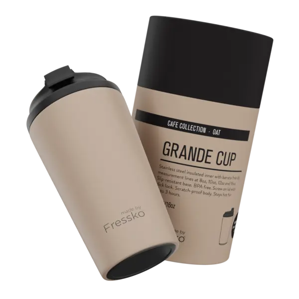 Fressko Neutrals Grande 16oz / 475ml Reusable Coffee Cup, Stainless Steel Oat - Brown