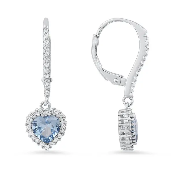 KYLIE HARPER March Aquamarine Birthstone Heart-cut Halo Leverback Earrings In Sterling Silver - Blue