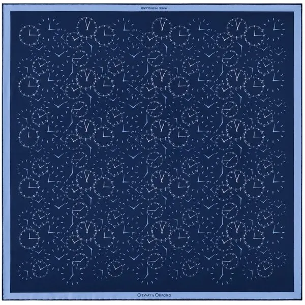 OTWAY & ORFORD Chronos' Watch Dial Design Silk Pocket Square In Navy With Pale & Off-white. Full-size - Blue