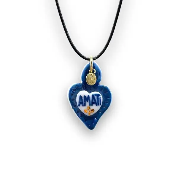 Tiké Jewels Sacred Heart Amati Porcelain Choker Necklace Gold Plated - Blue