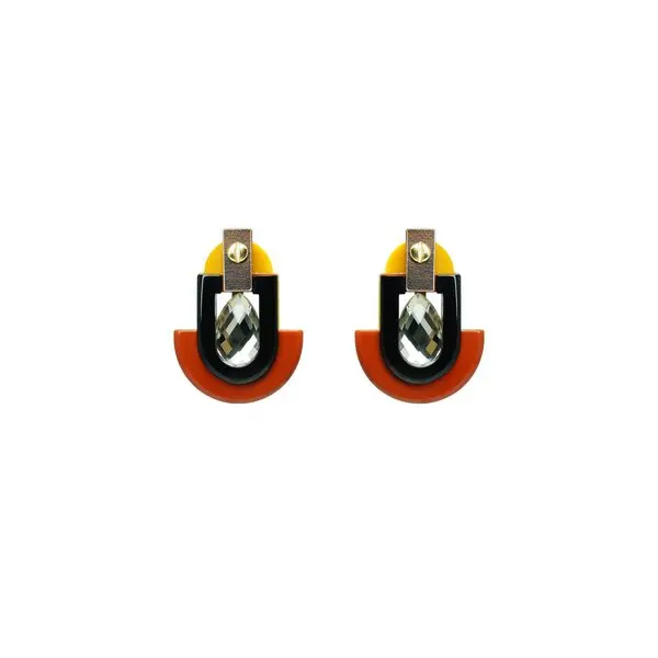 GISSA BICALHO Handmade Acrylic Earring Deco S Stone Mirror Drop Mustard - Brown