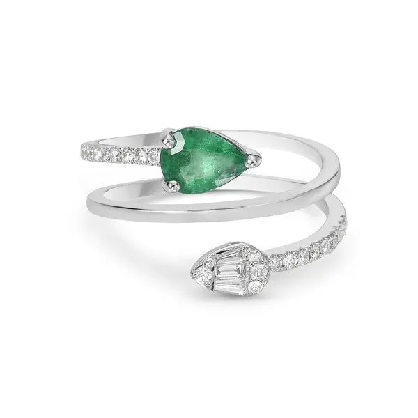 ARTISAN White / Green Pear-shaped Emerald & Diamond Open Wrap Ring In 18k White Gold - White/green