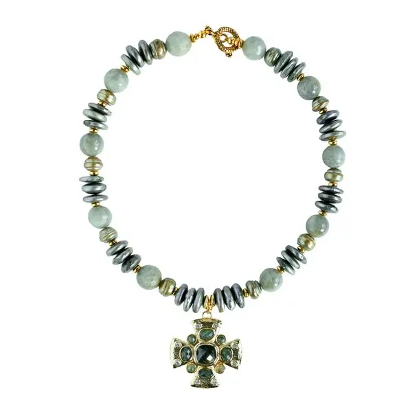 EDGAR NAVARRO JEWELRY Grey / Green / Neutrals Navarro Mother Of Pearl & Labradorite Necklace Featuring Labradorite Cross Pendant - Grey/green